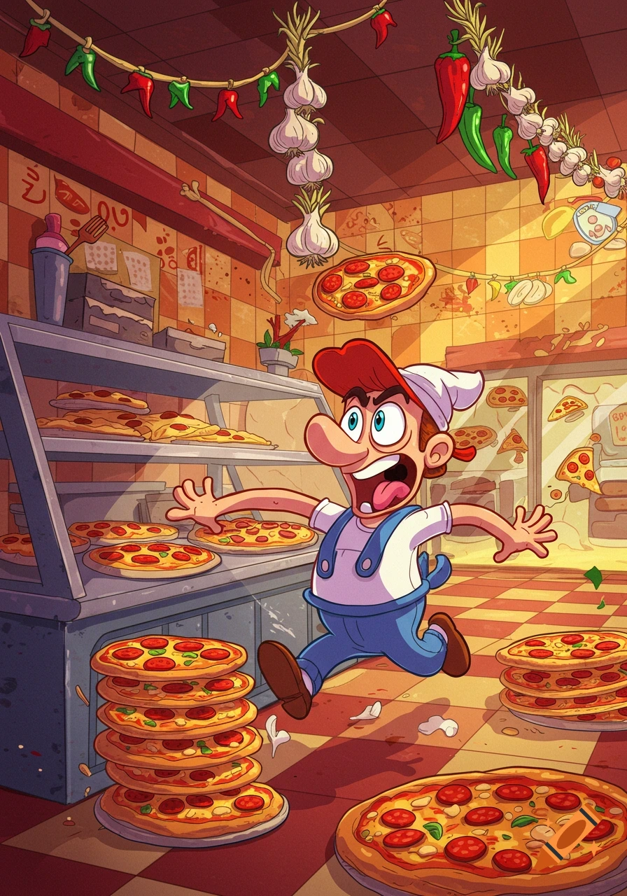 A frantic cartoon chef, Peppino from Pizza Tower, runs through a ...