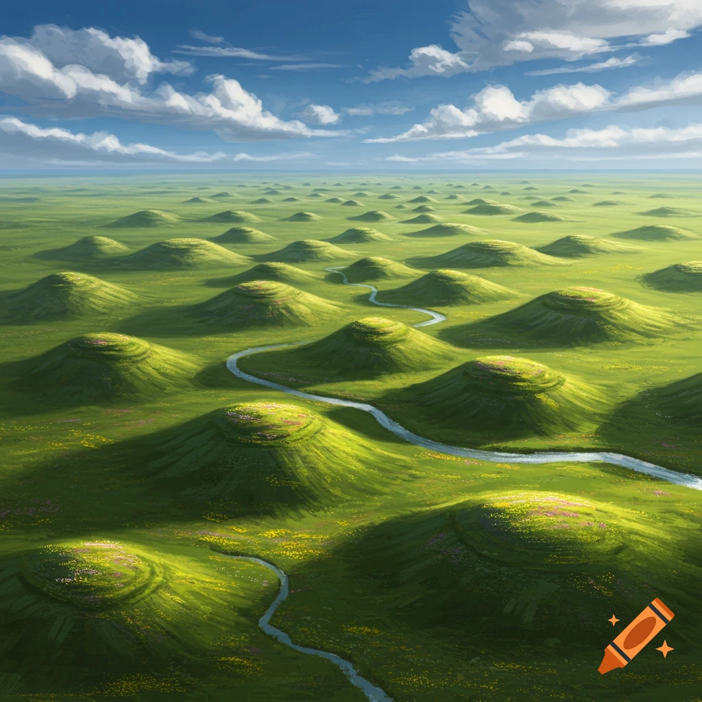 Vast green grassland with numerous rounded hills, some topped with ...