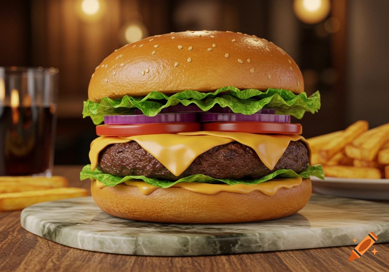 Photorealistic burger on a marble board with lettuce, cheese, tomato ...