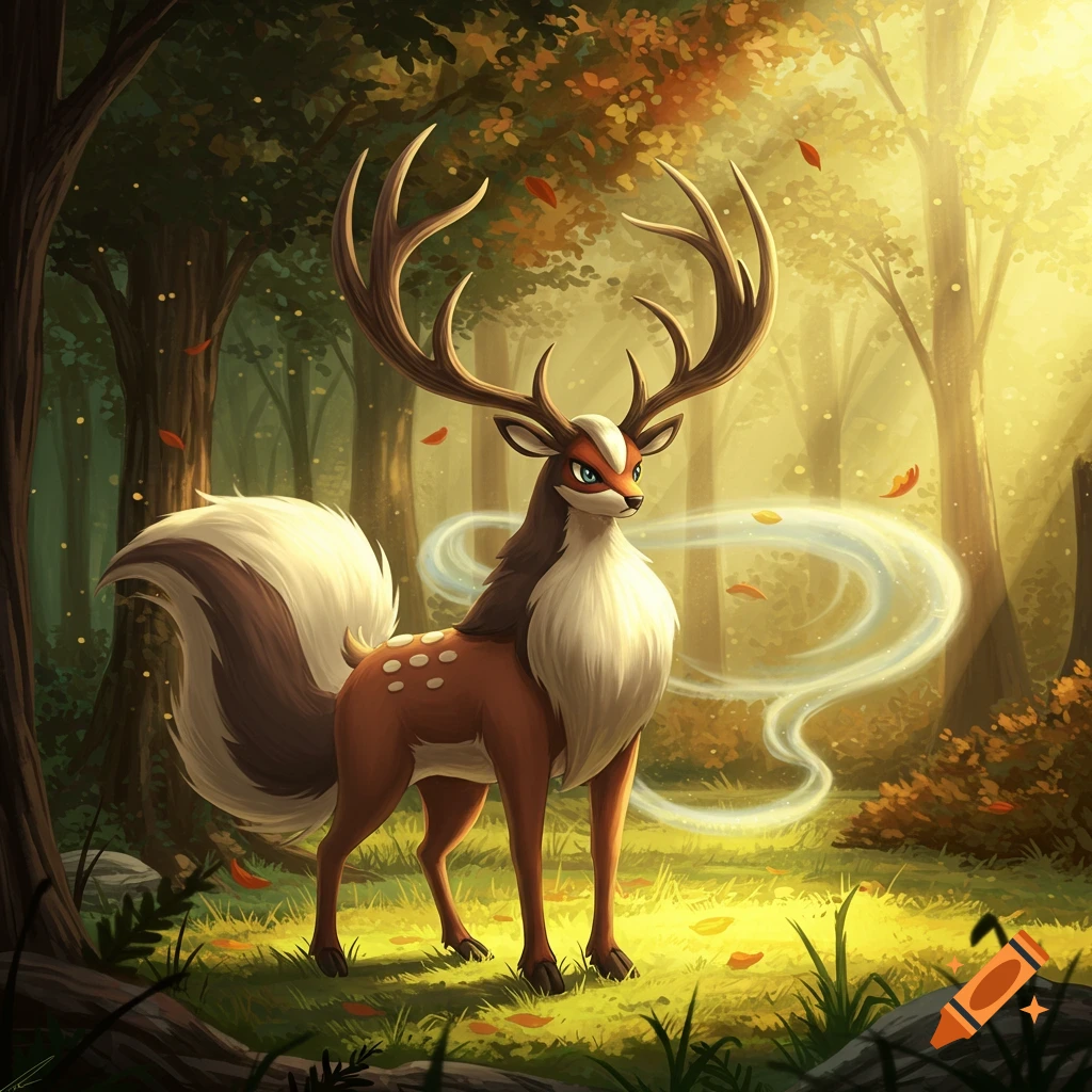 A stylized deer-like creature with large antlers and brown and white ...