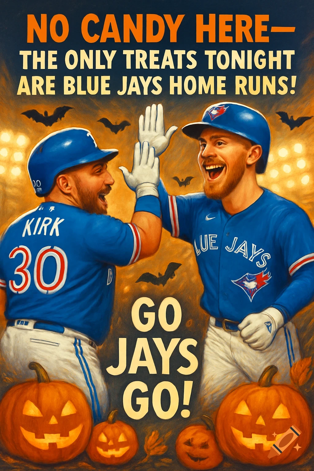 Cartoonish painting of two Blue Jays baseball players high-fiving, with ...