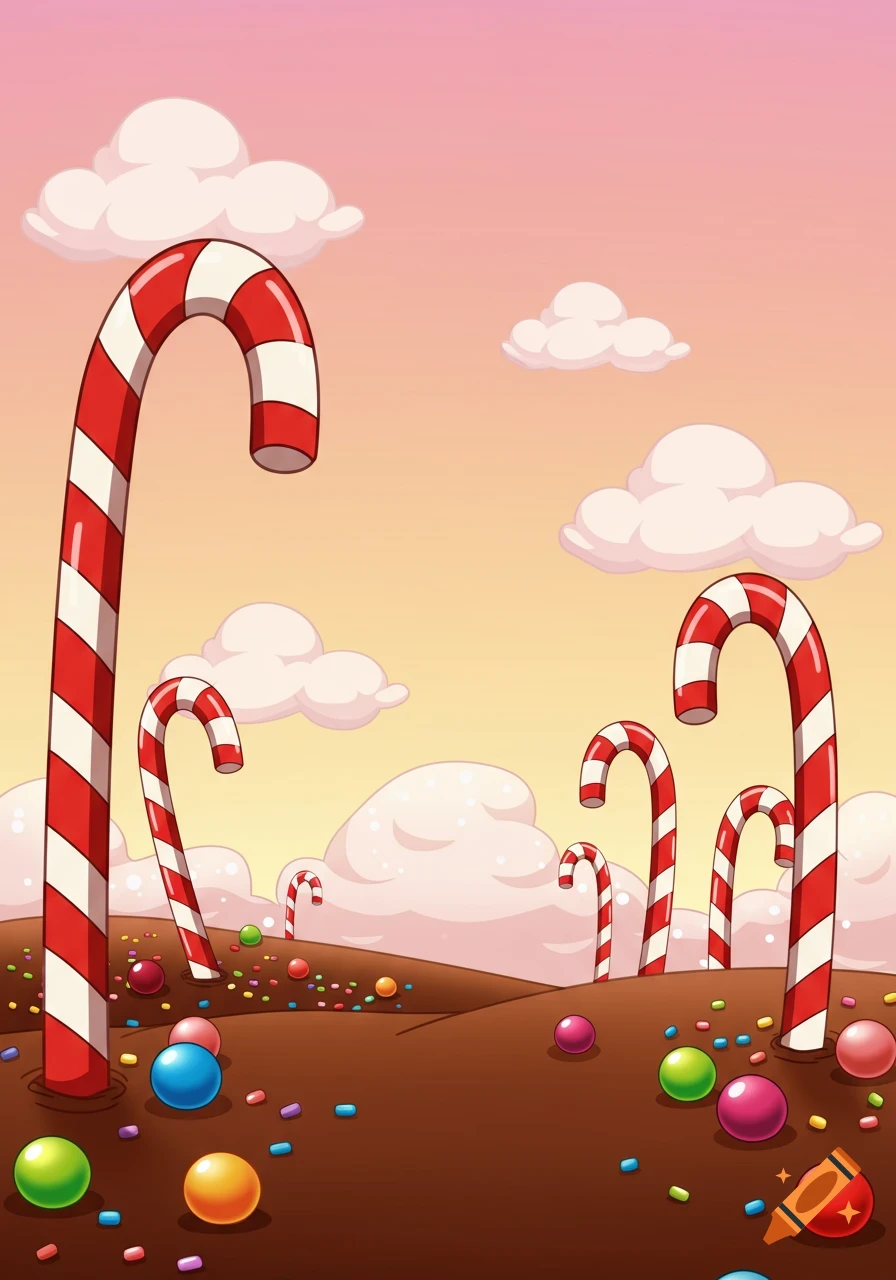 Cartoon illustration of a candy land with large red and white candy ...