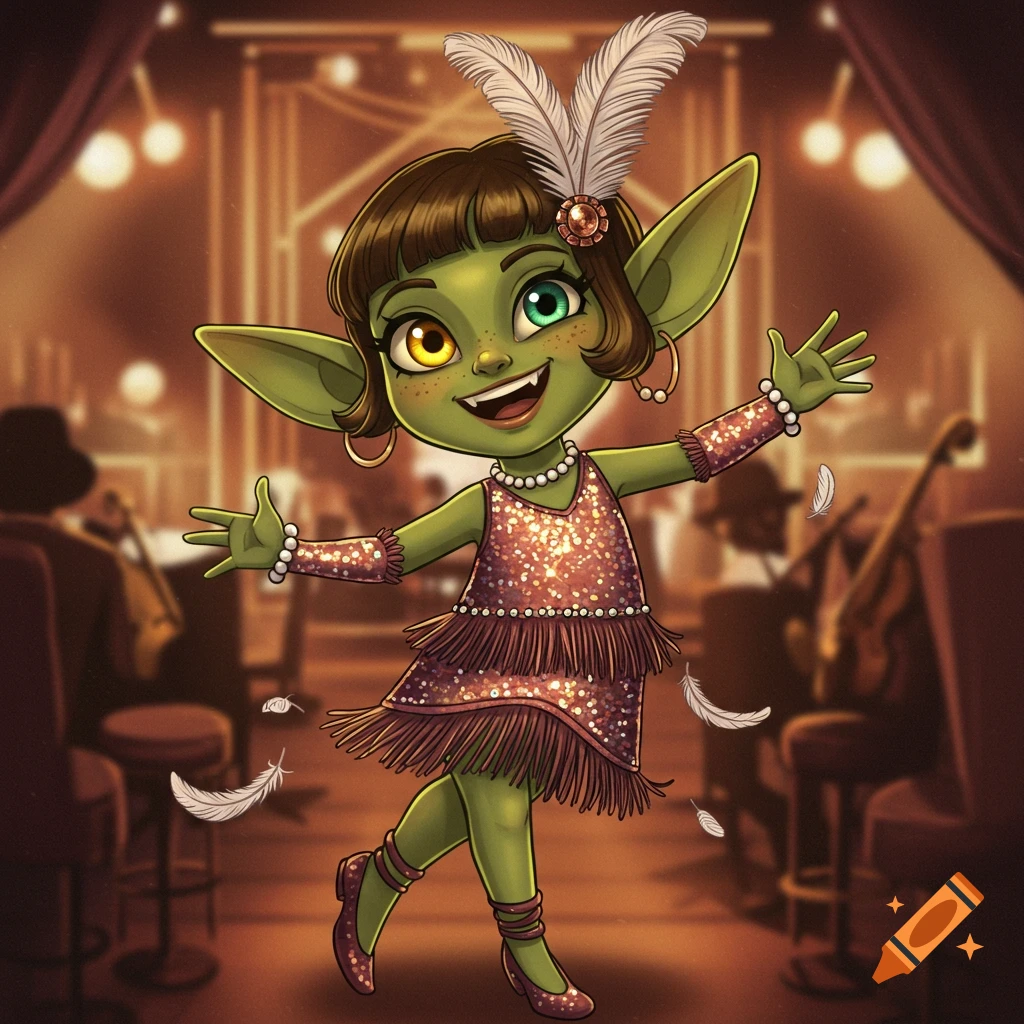 A cute, cartoonish olive green goblin with heterochromia in a sequined ...