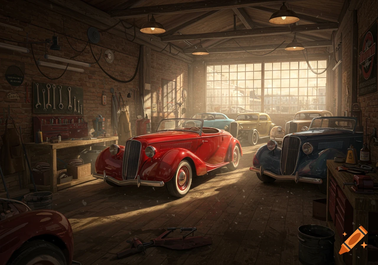 A vintage car workshop with several classic cars, including a prominent ...