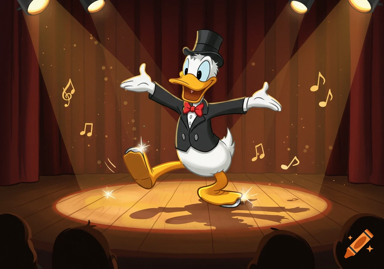 Donald Duck in a tuxedo and top hat tap dancing on a spotlighted stage ...