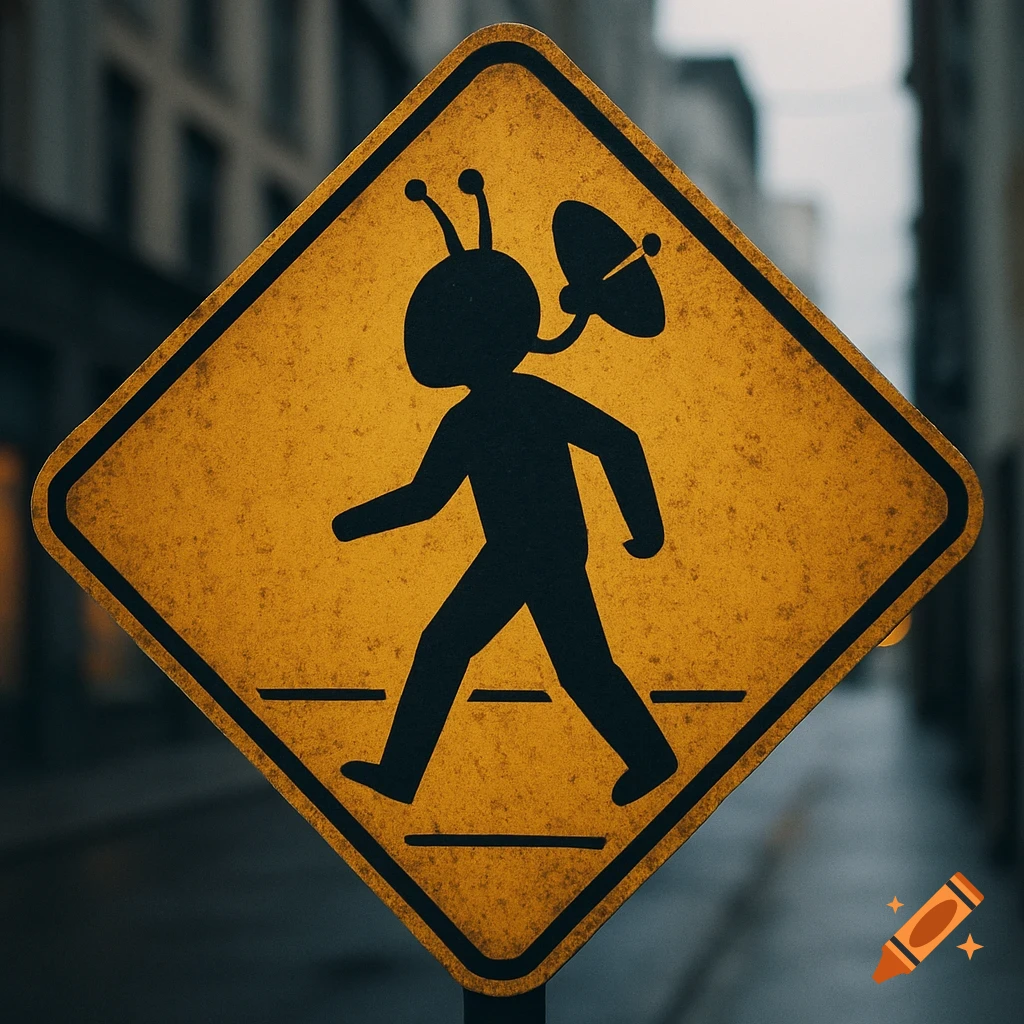 A weathered yellow diamond-shaped street sign depicting a black alien ...