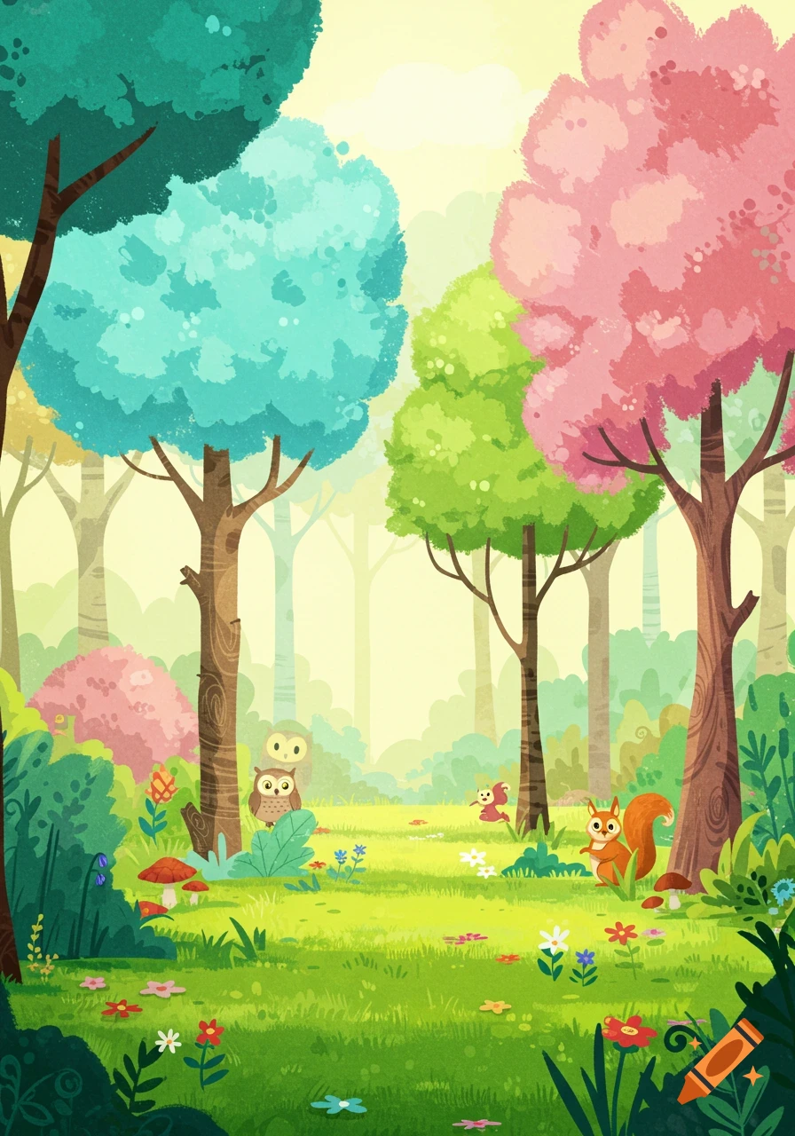 A vibrant cartoon forest scene with colorful trees, green grass, a ...