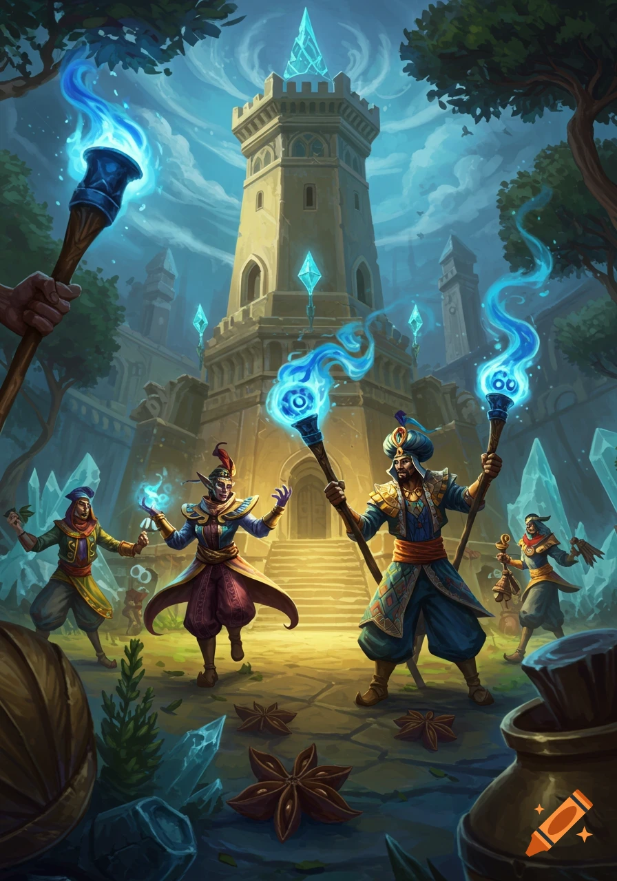 Fantasy digital painting of robed characters holding glowing blue ...