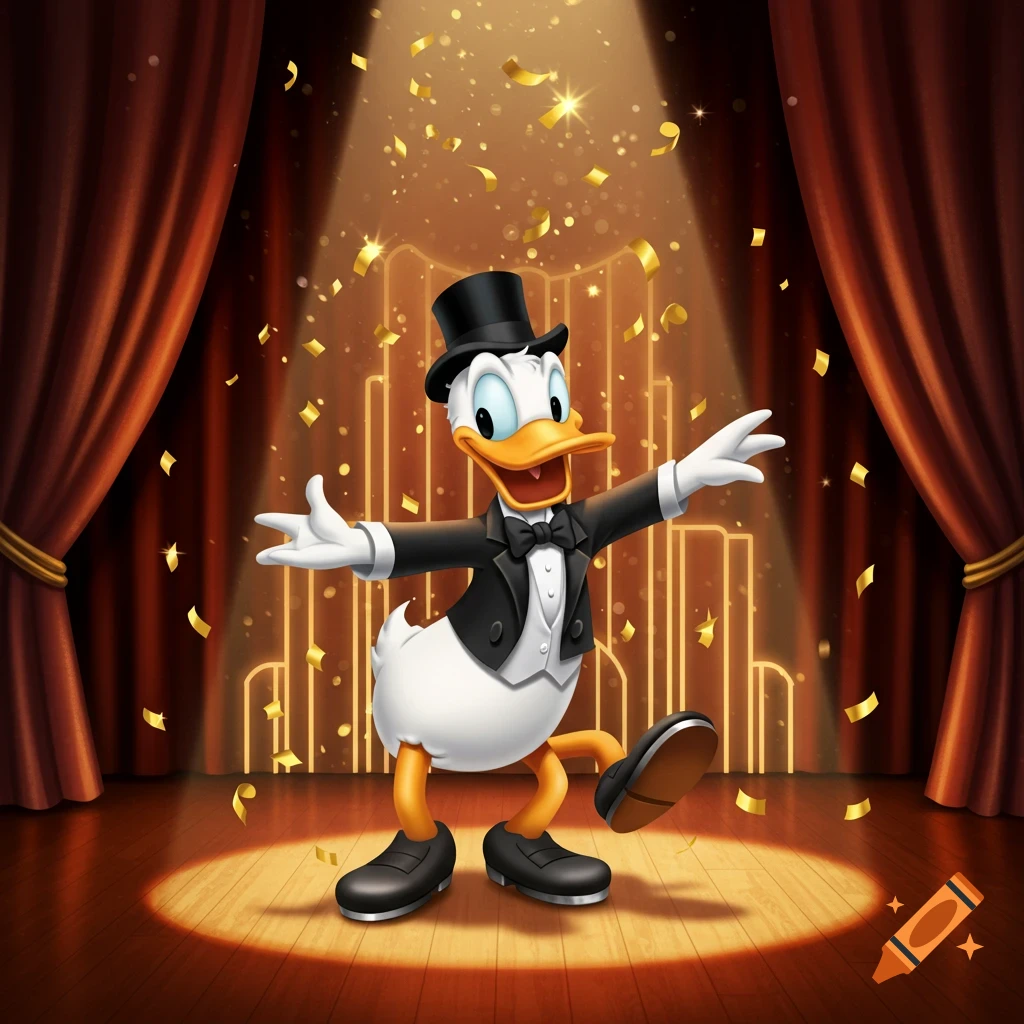 Donald Duck in a tuxedo and top hat tap dancing on a spotlighted stage ...