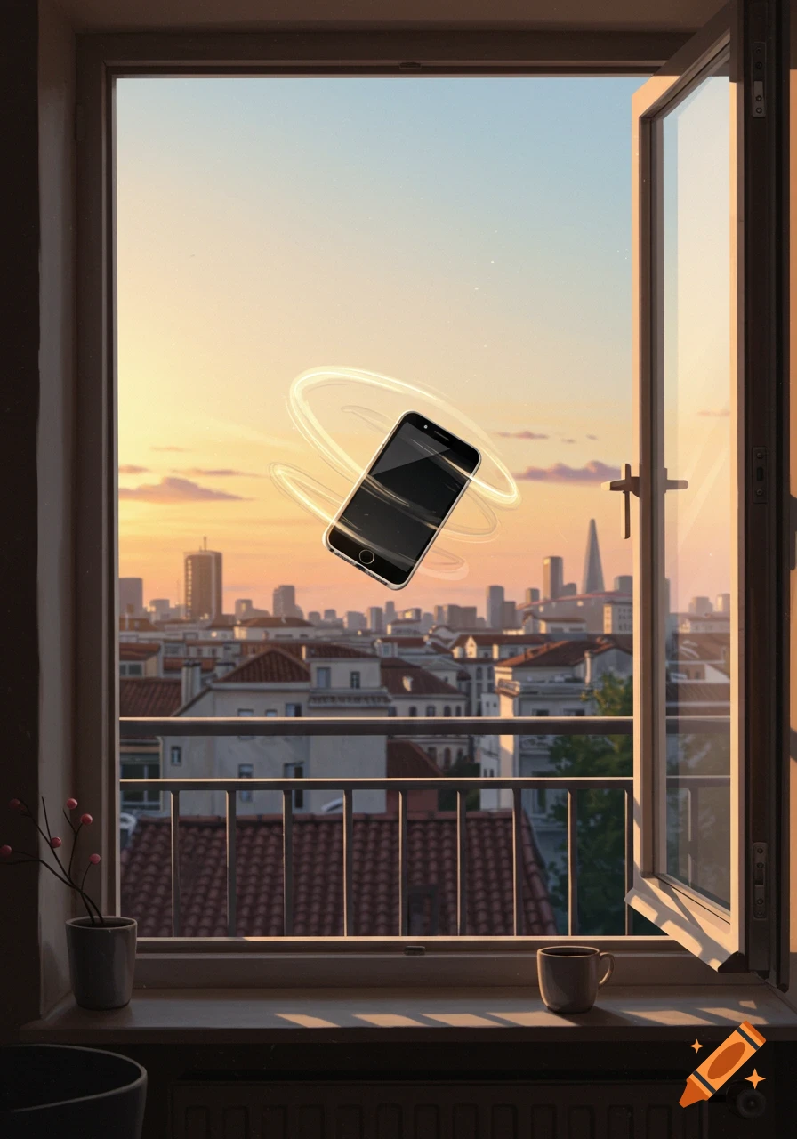 Illustrated mobile phone spinning and flying out an open window ...