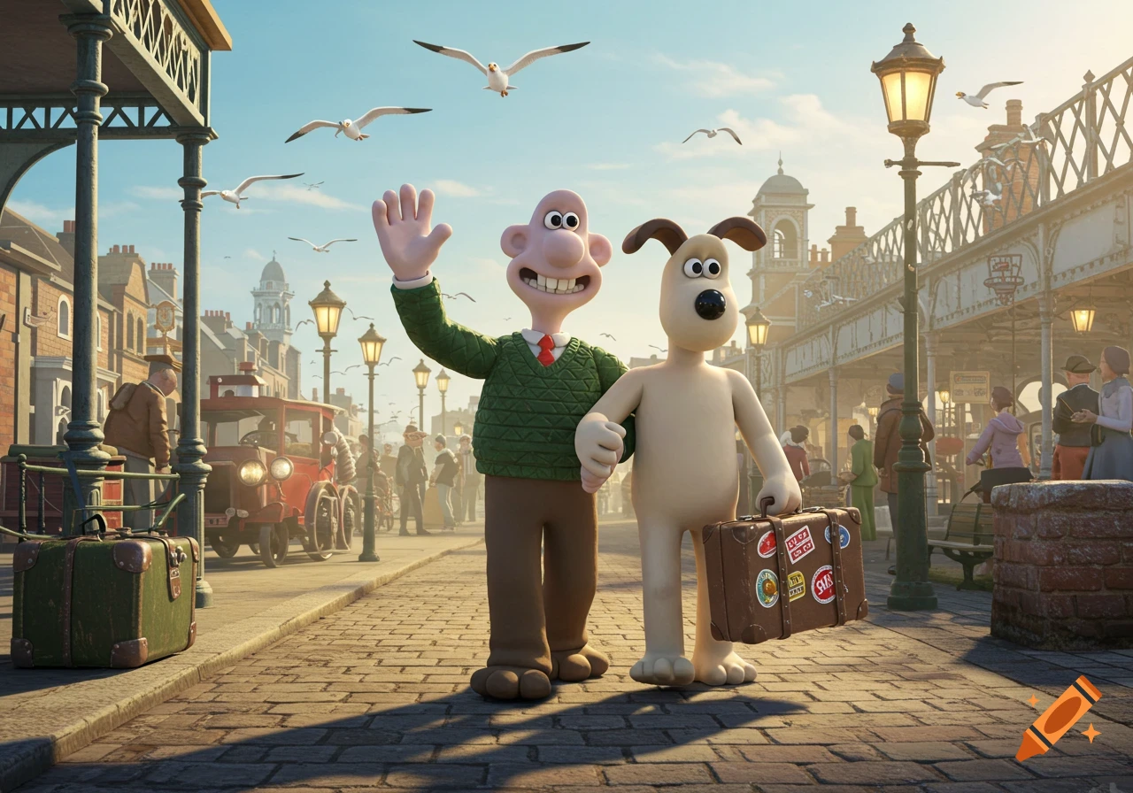 Wallace and Gromit stand on a cobblestone street, Wallace waving while ...