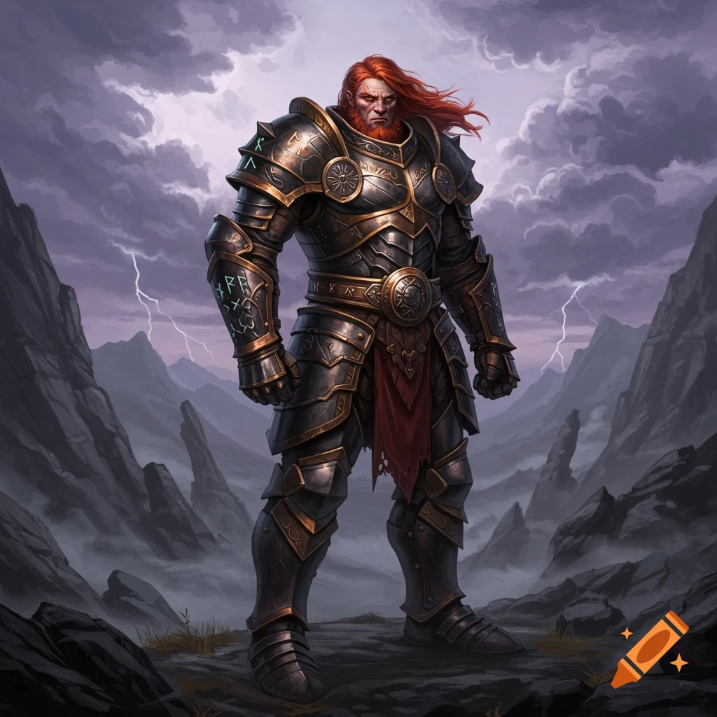 A strong red-haired male goliath barbarian in full dark armor stands in ...