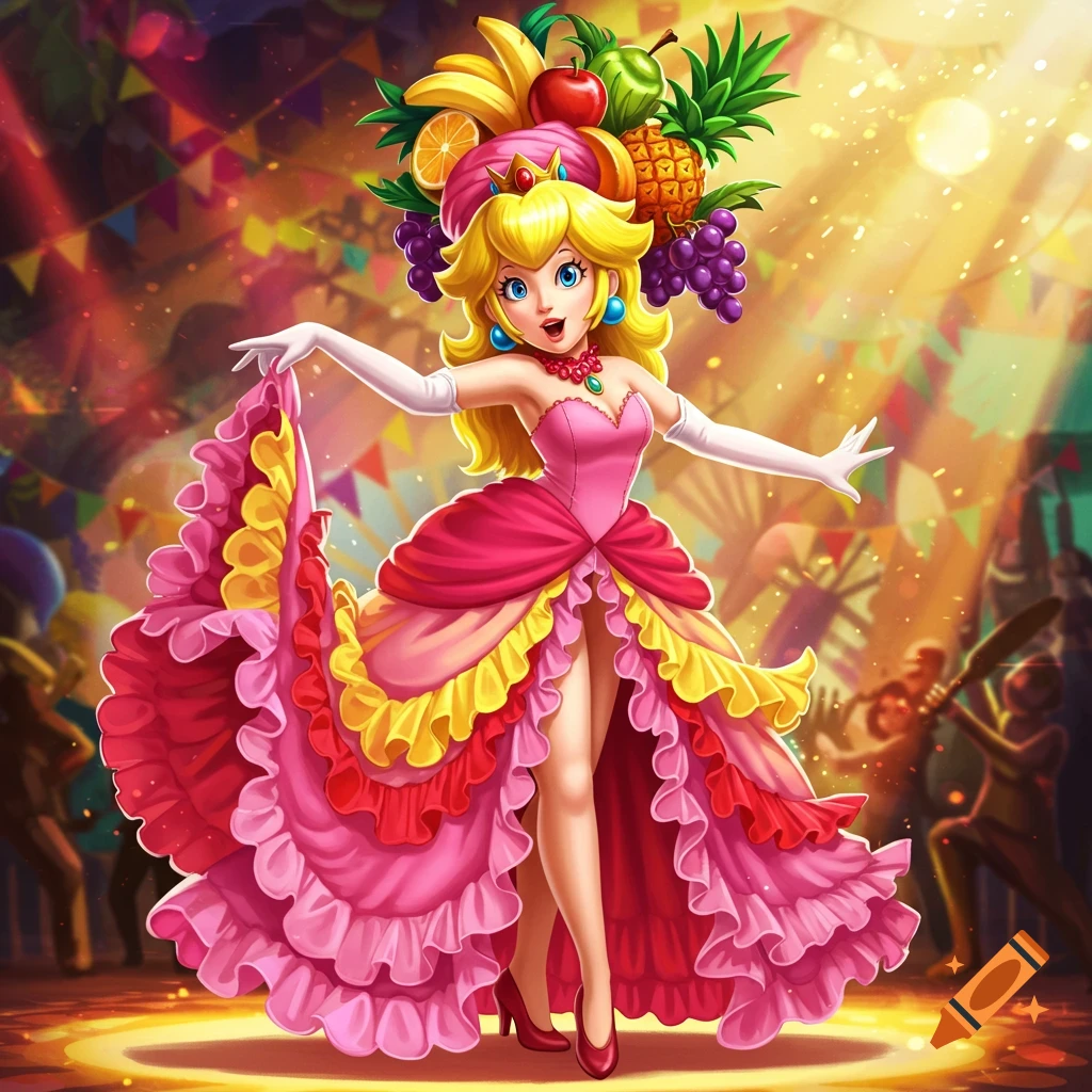 Princess Peach dressed as Carmen Miranda, dancing in a vibrant ruffled ...