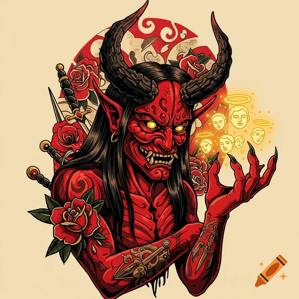 An old-school tattoo style illustration of a red demon with horns and ...