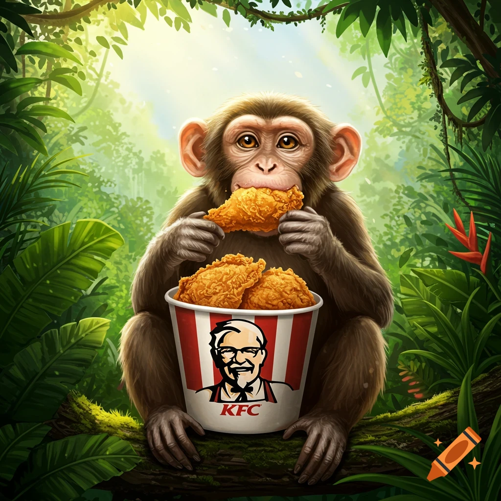 A cartoon monkey sitting in a vibrant jungle, holding and eating a ...