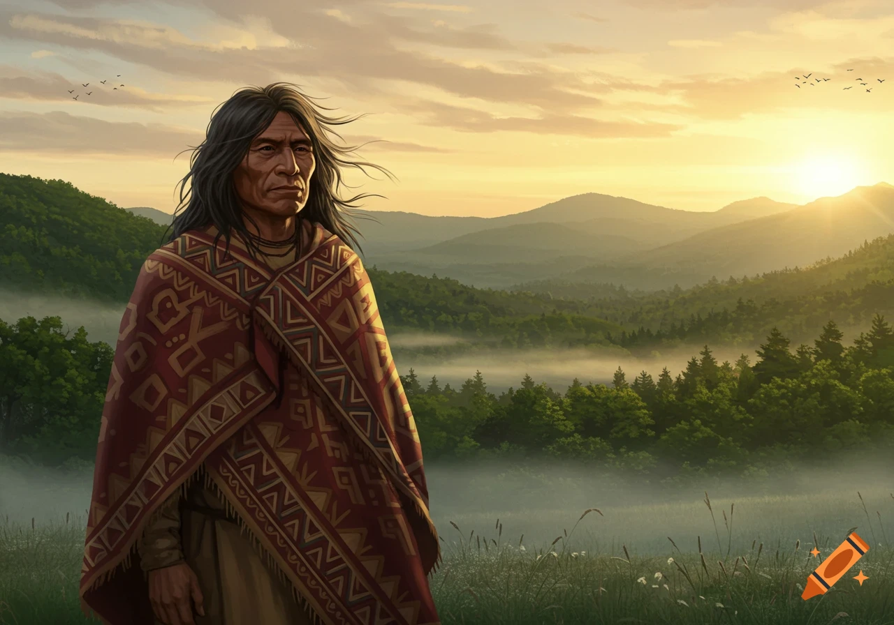 An indigenous person with long dark hair, wearing a patterned red ...