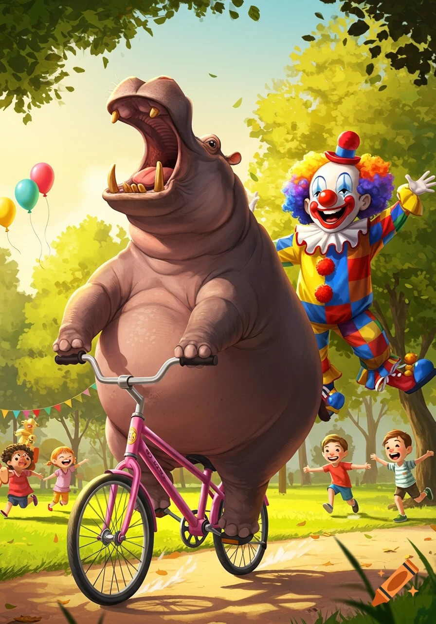 A cartoon hippo riding a pink bicycle with a jumping clown and children ...
