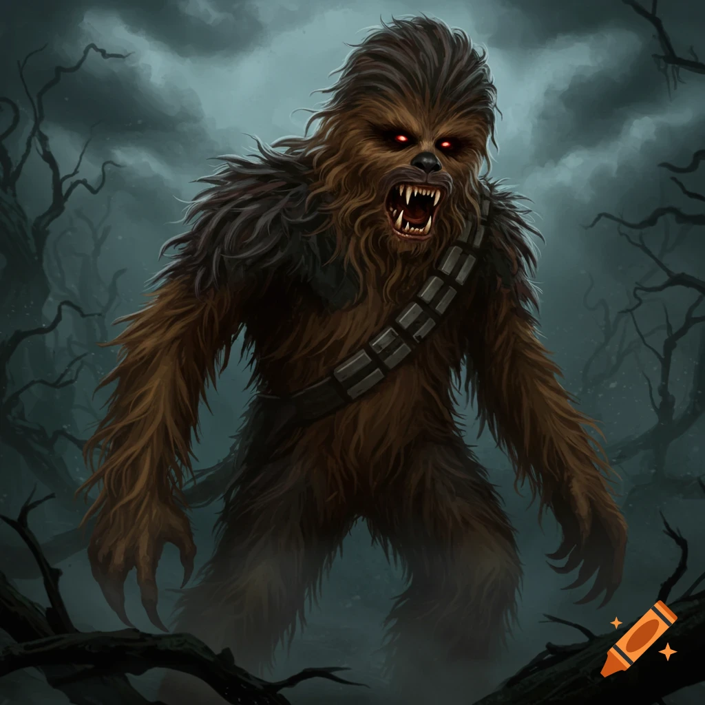 A scary Chewbacca-chupacabra hybrid with glowing red eyes and fangs ...