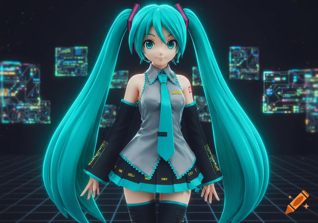 Hatsune Miku, an anime character with long turquoise pigtails, stands ...