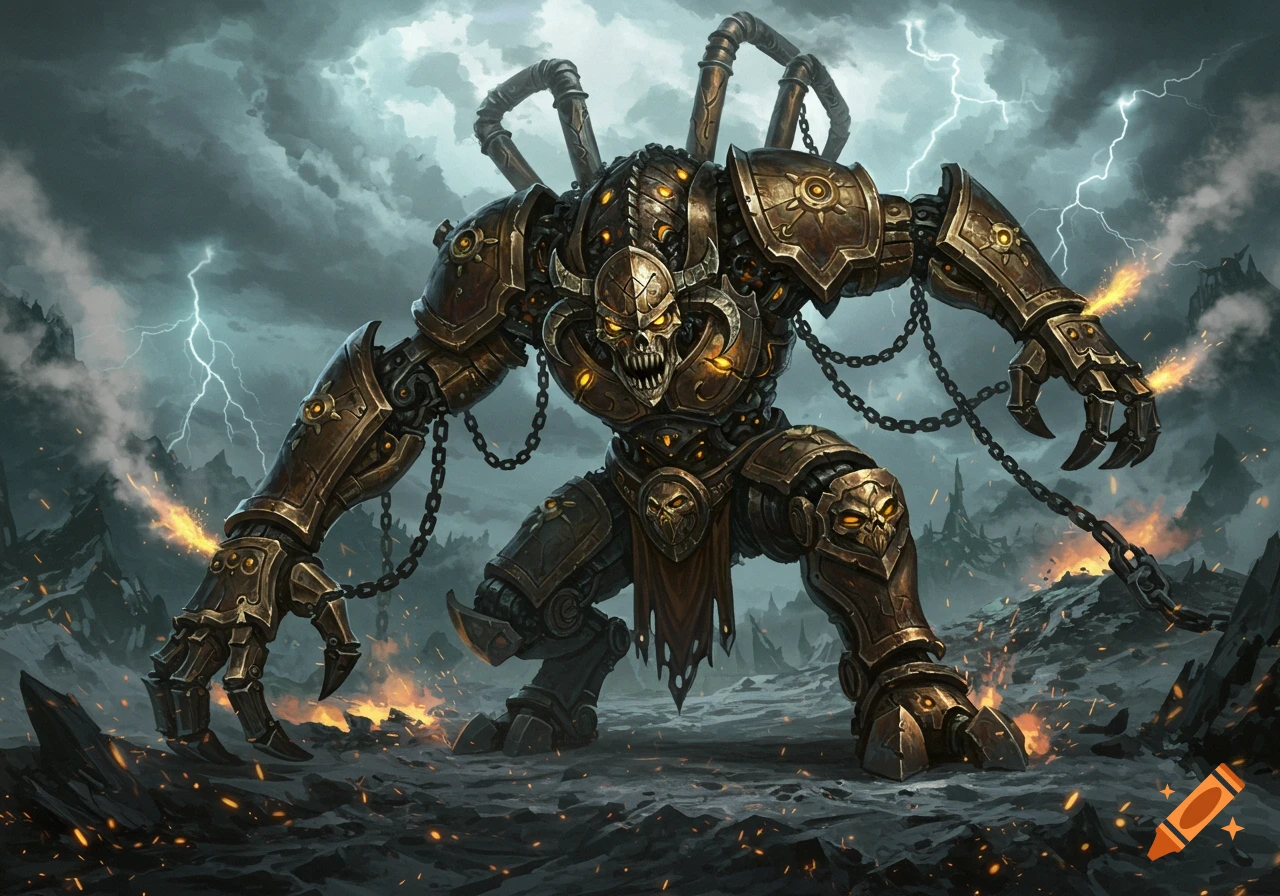 A menacing, heavily armored clockwork monster with glowing eyes, chains ...