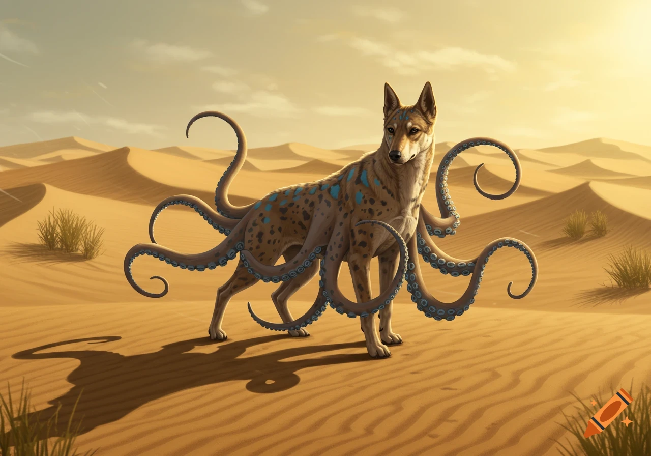 A dog-octopus hybrid creature with blue spots stands in a sandy desert ...