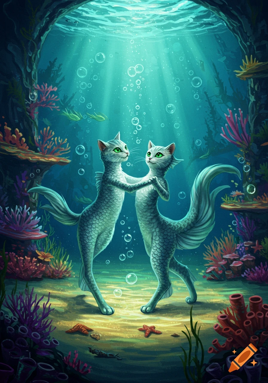 Two anthropomorphic fish-cats with green eyes dance underwater among ...