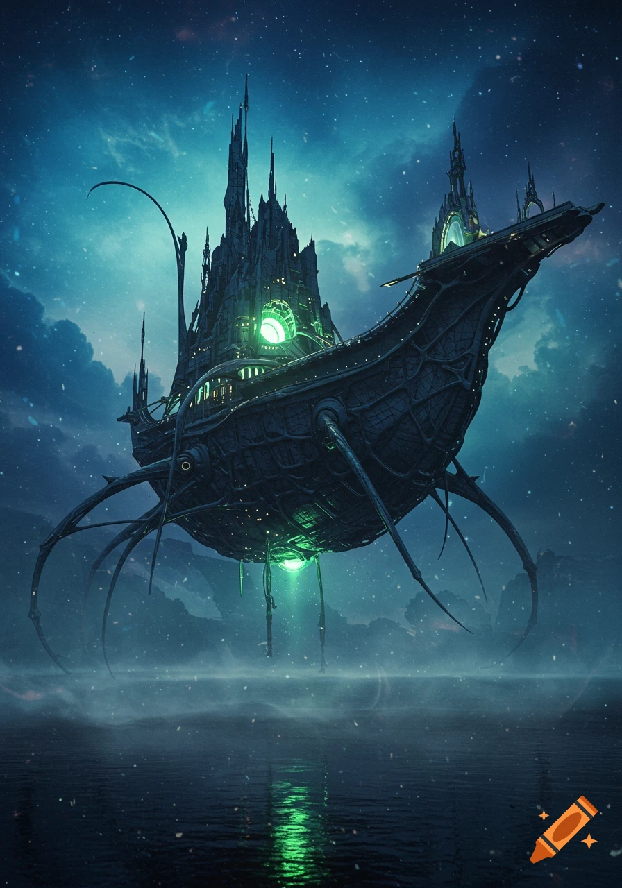 A dark, intricate sci-fi vessel, resembling a castle and a ship with ...