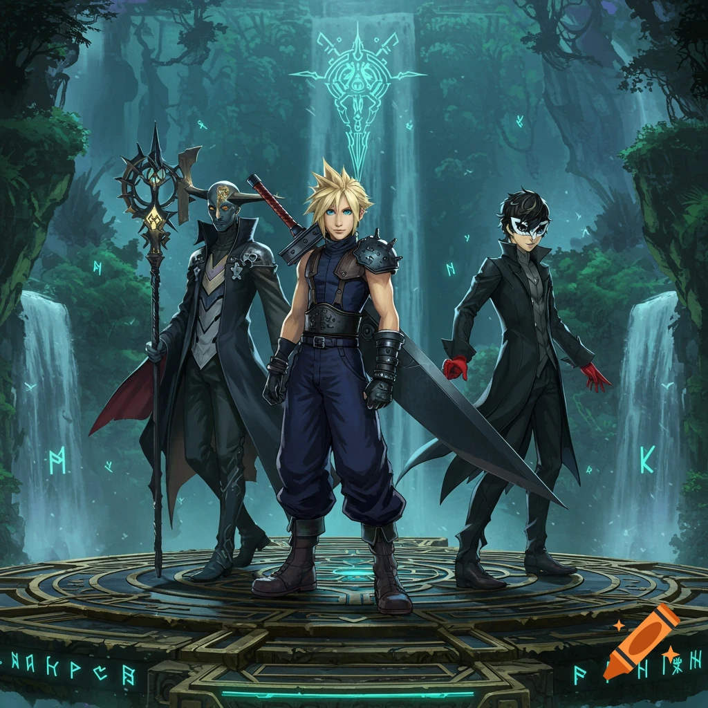 Three anime-style video game characters, Cloud Strife, Joker, and Emet ...