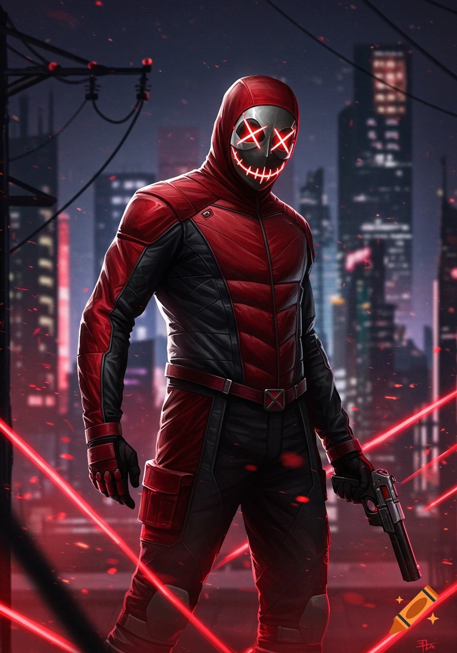 A masked figure in a red and black suit with glowing red X eyes holds a ...