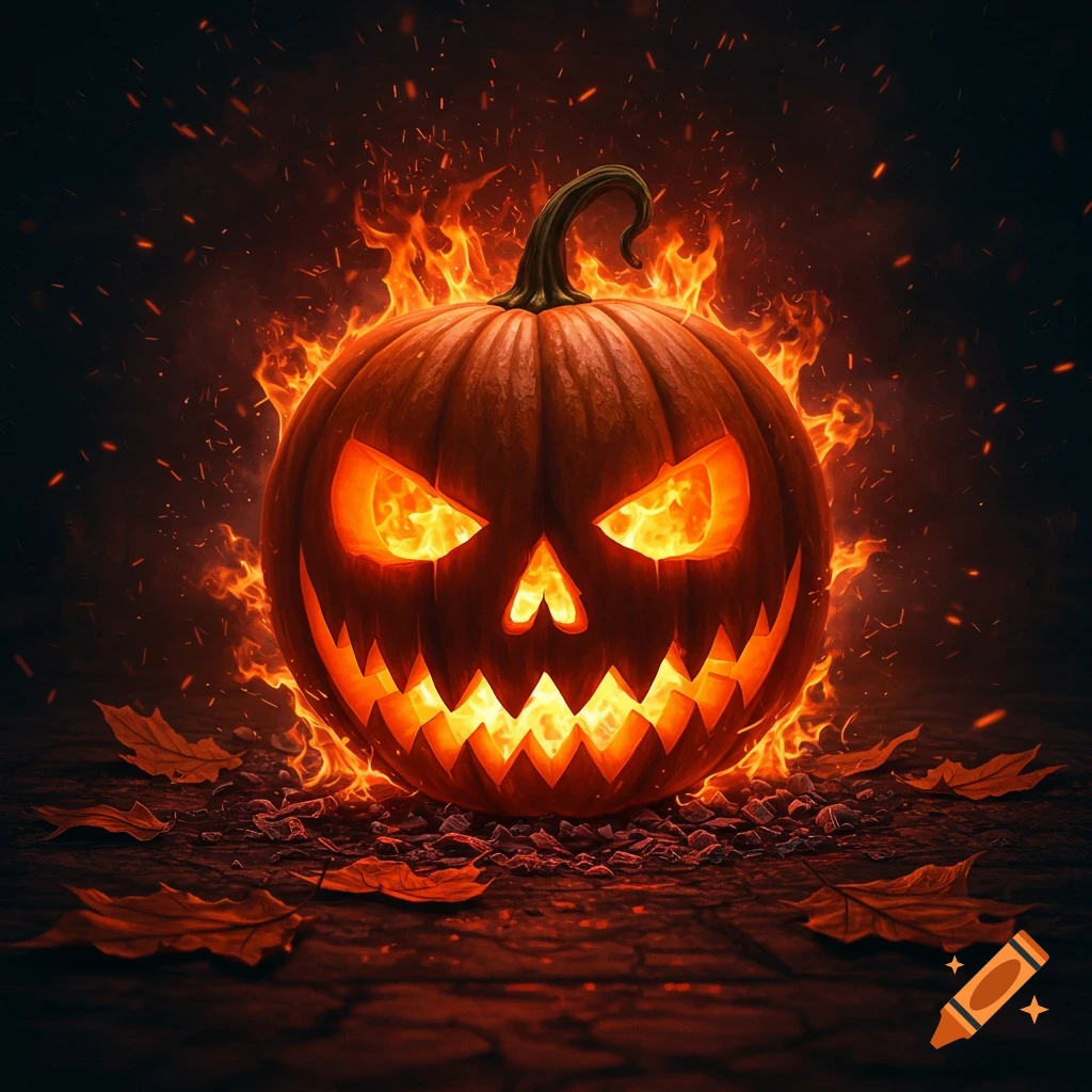 A spooky, flaming jack-o'-lantern with glowing eyes and mouth ...