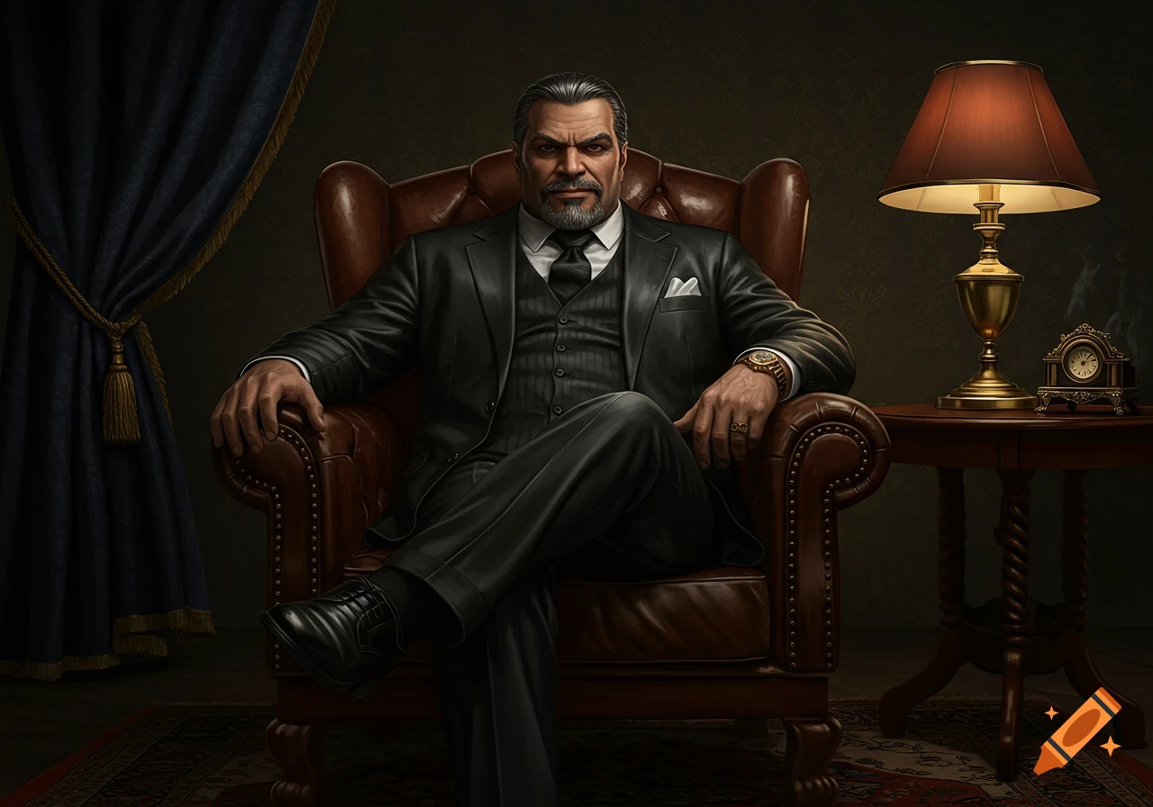 A distinguished man in a dark suit sits in a leather armchair in a ...