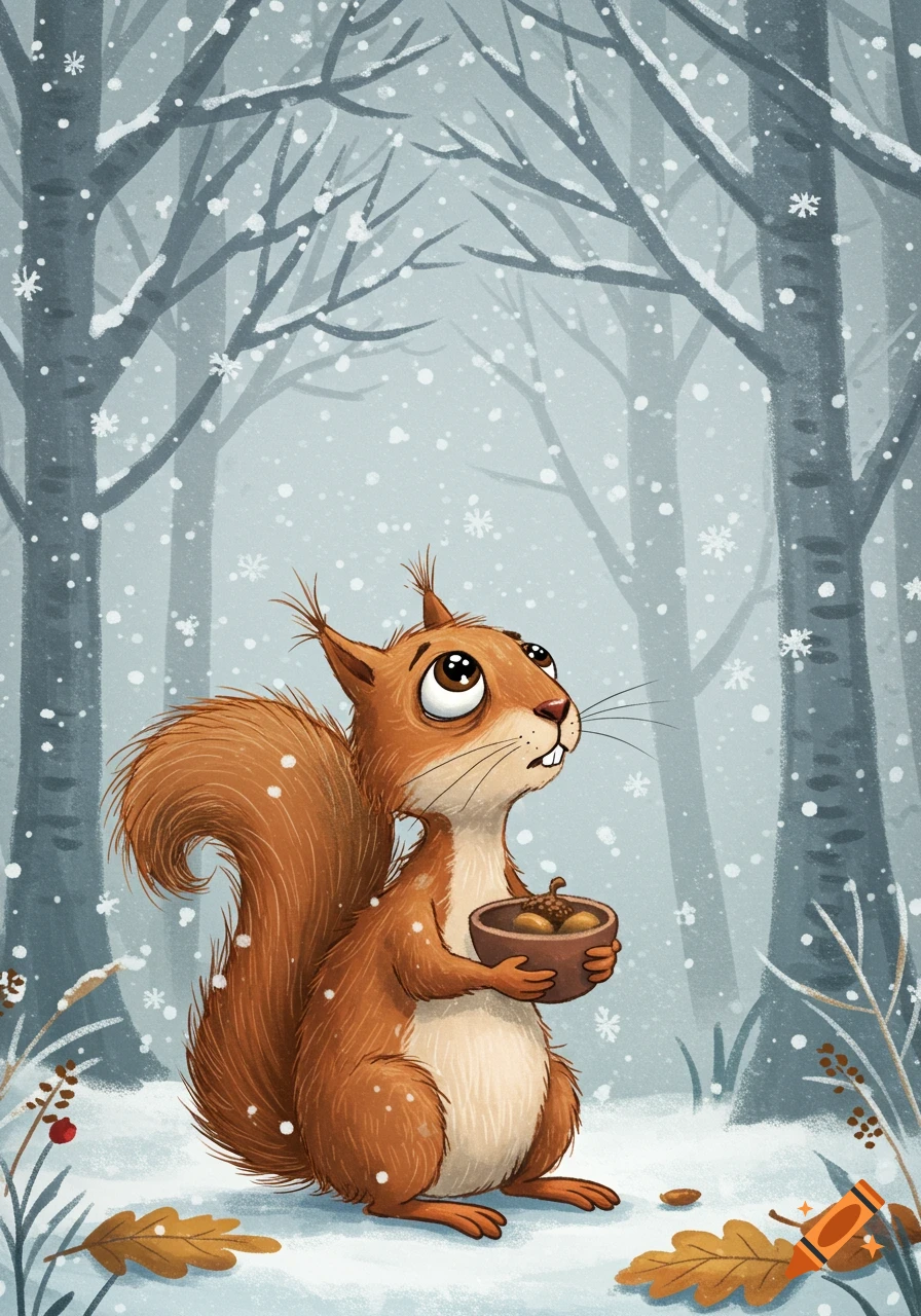 A sad cartoon squirrel holds a bowl of acorns, looking up in a snowy ...