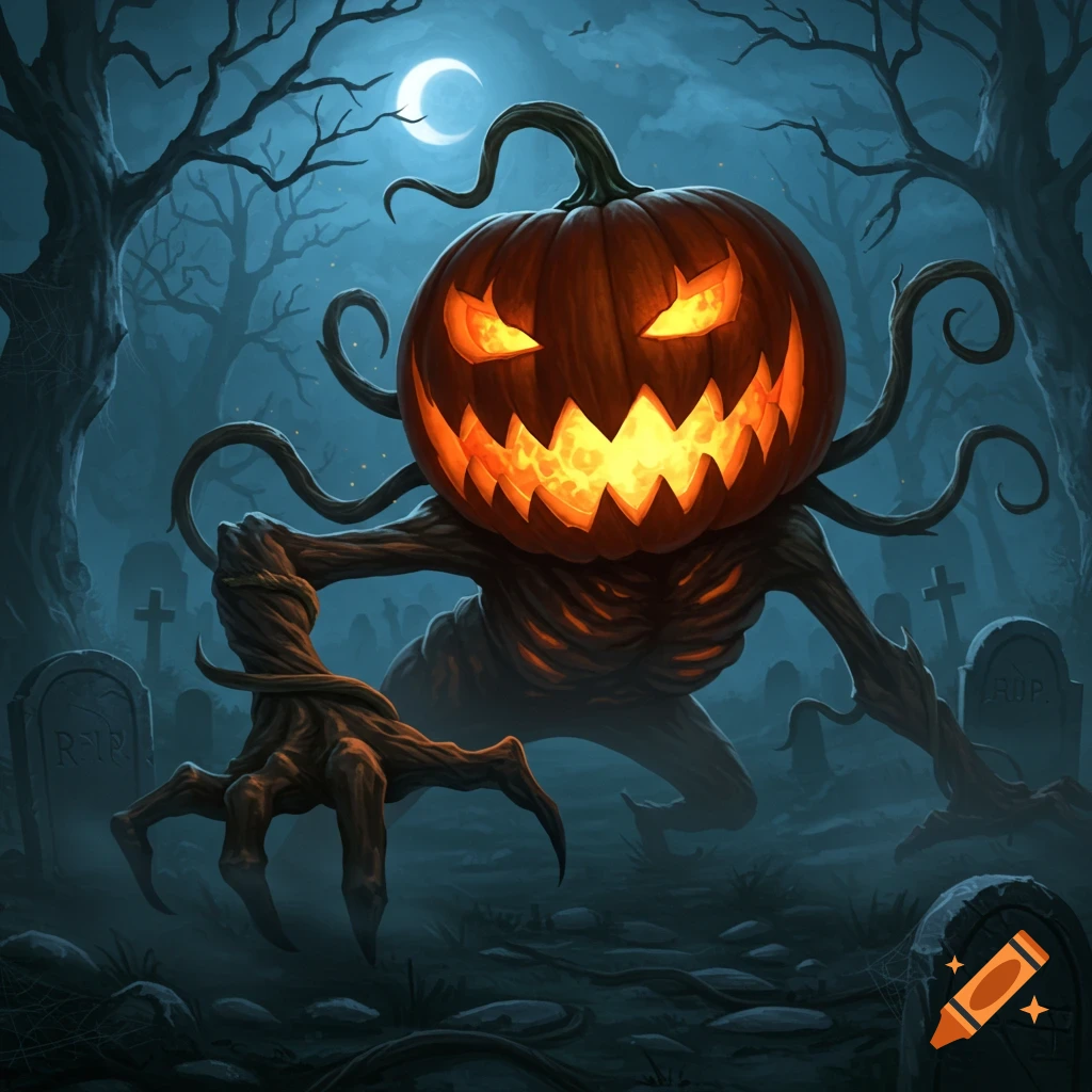 A scary, glowing jack-o'-lantern monster with twisted vine limbs in a ...