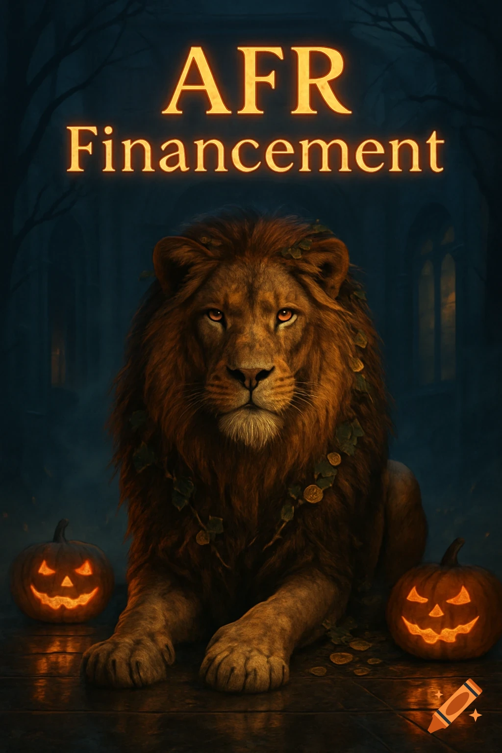 A majestic lion with leaves and coins in its mane sits between two ...