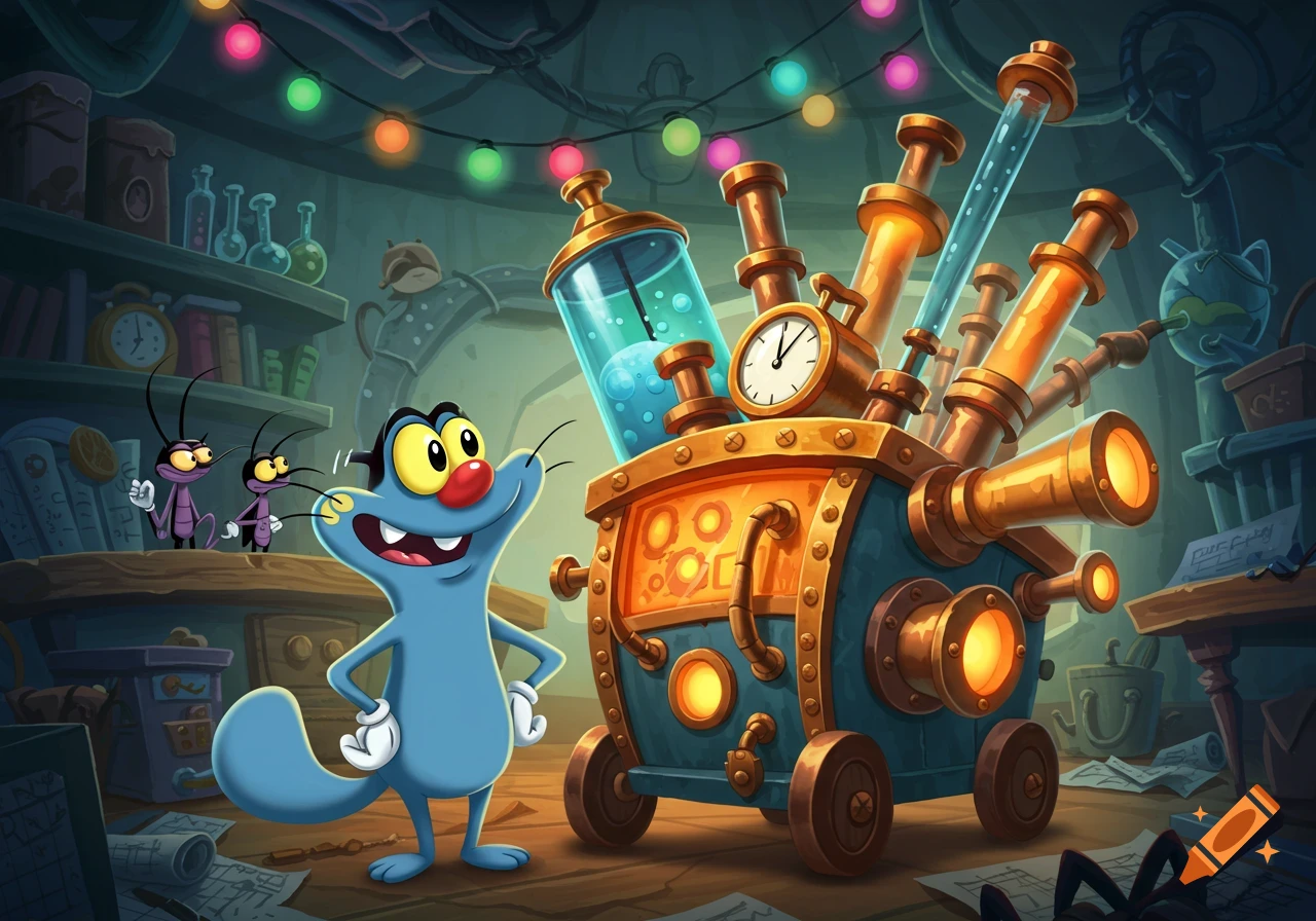 Oggy the blue cat and two purple cockroaches stand in a whimsical lab ...