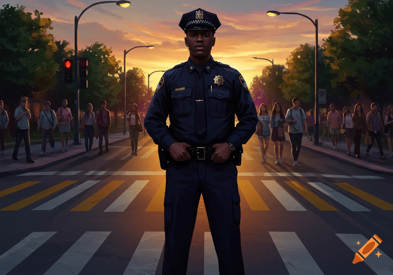 An illustrated Black police officer stands in a crosswalk at sunset on ...