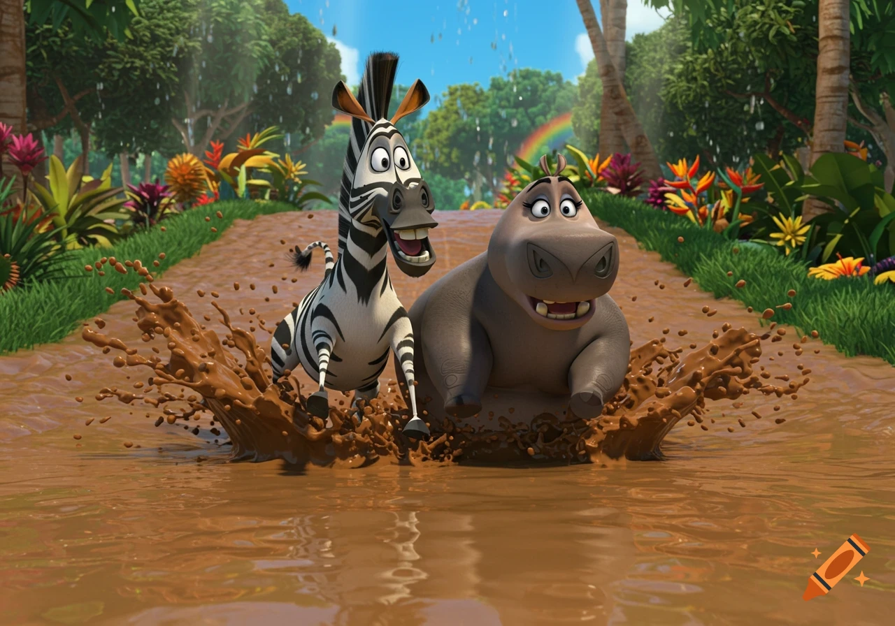 Marty the zebra and Gloria the hippo from Madagascar happily splash ...