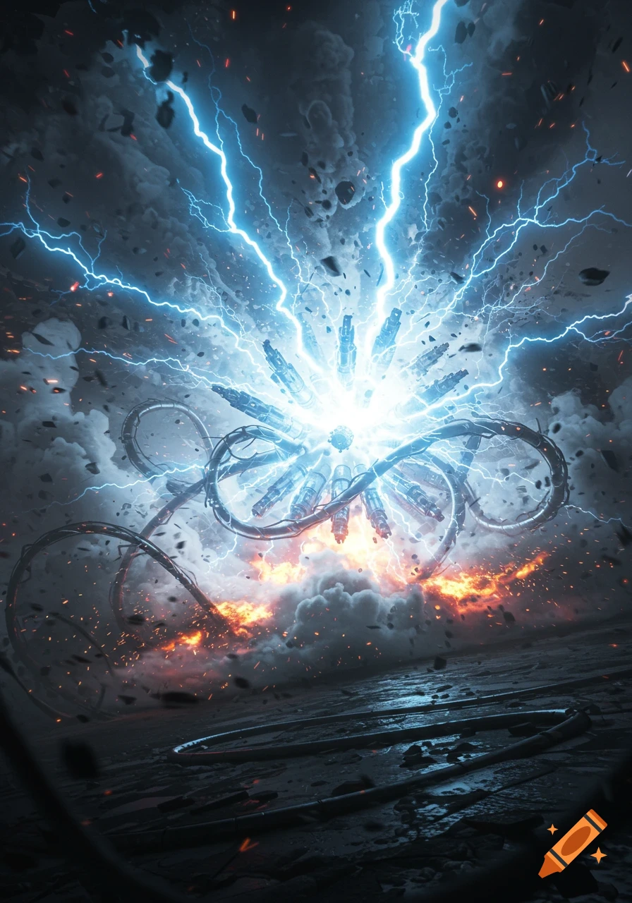 A powerful electrical explosion bursts from a futuristic core ...