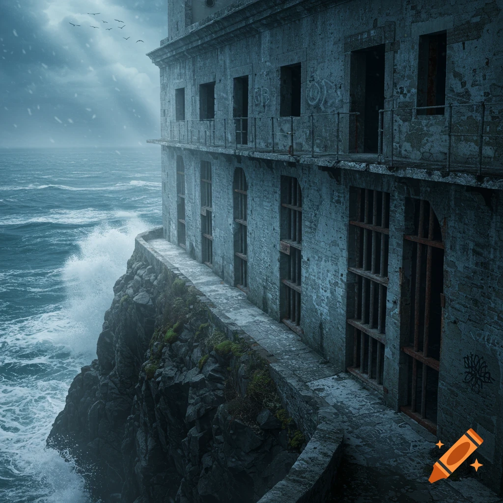A weathered stone building on a rugged cliff overlooking a stormy ...