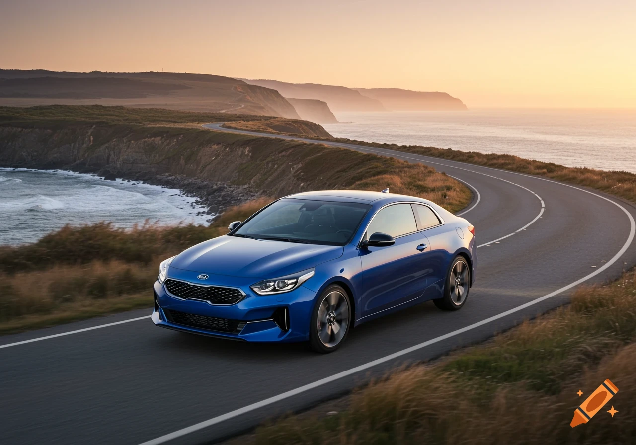 A blue Kia car drives on a winding coastal road at sunset, with ...