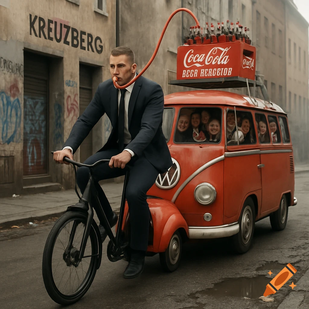 A man in a suit cycles a bike attached to an orange VW microbus with ...