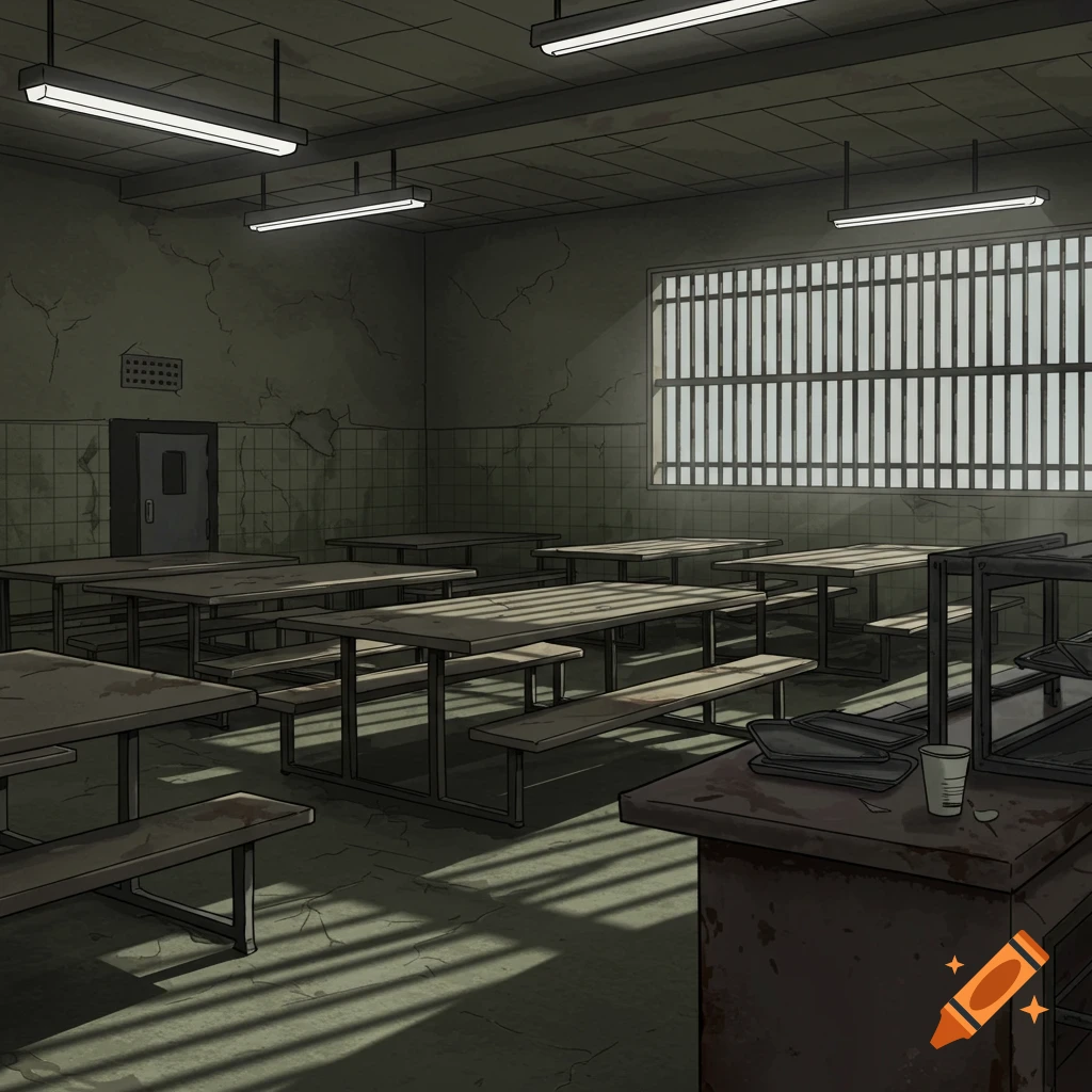 Empty, decaying prison cafeteria with long tables, barred windows, and ...