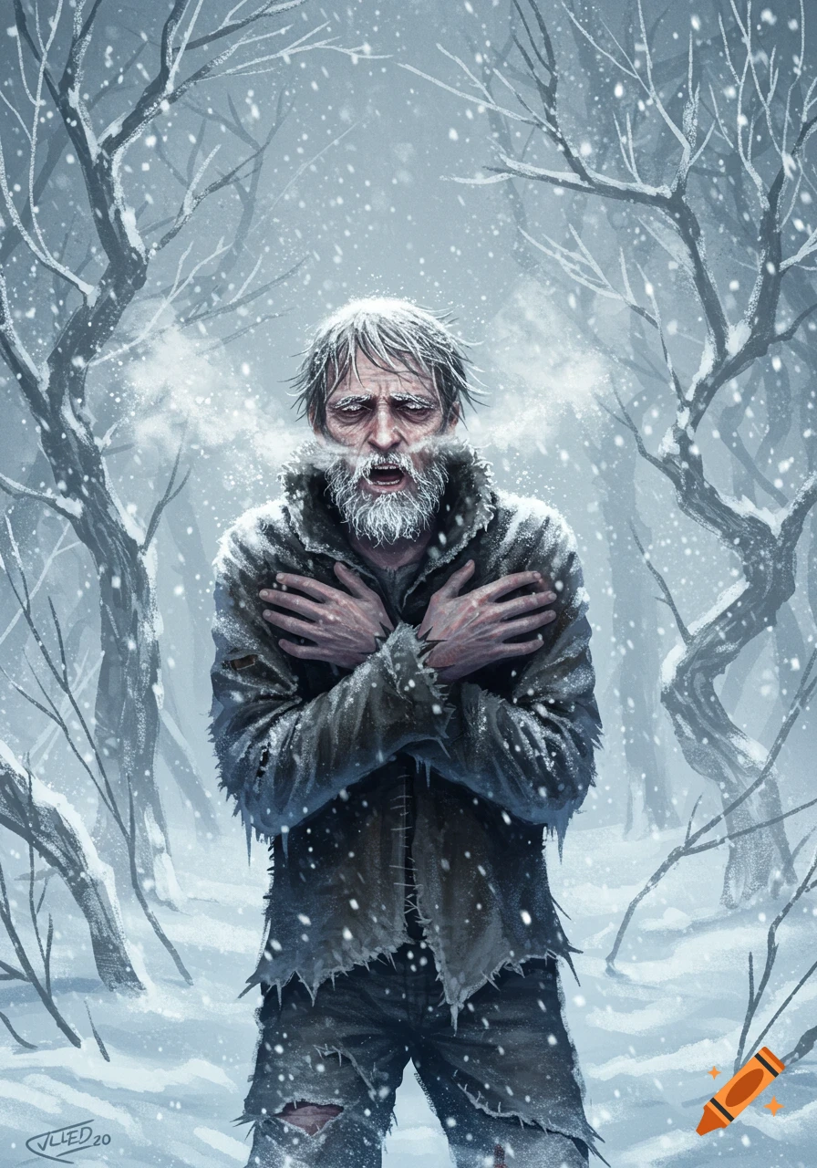 A man with a white beard shivers in a snowy forest, exhaling visible ...