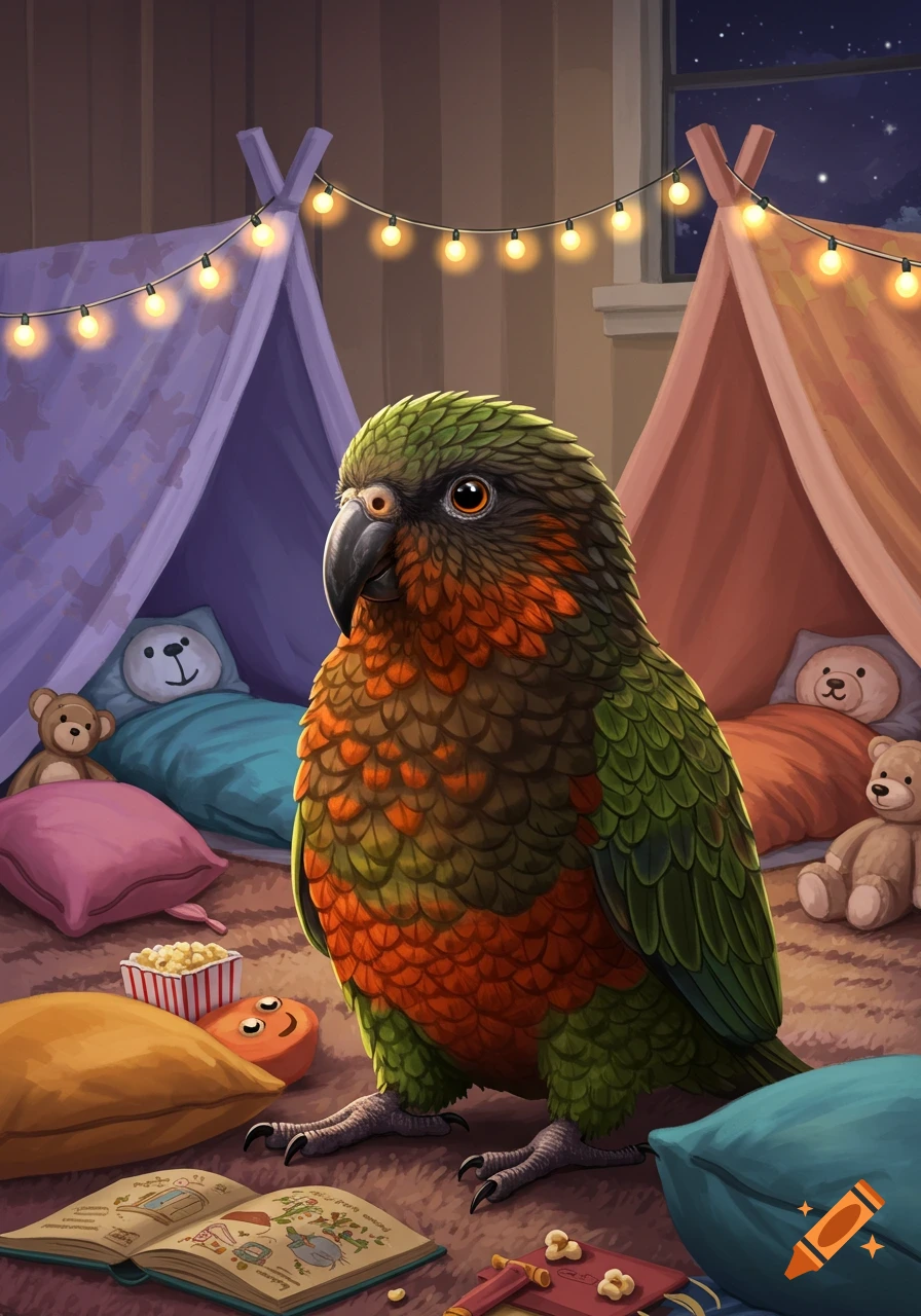 An illustration of a kea parrot at a children's sleepover, surrounded ...