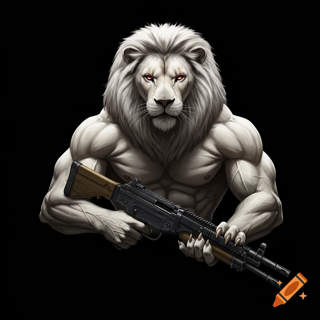 A muscular white lion-man with glowing red eyes holds a machine gun ...