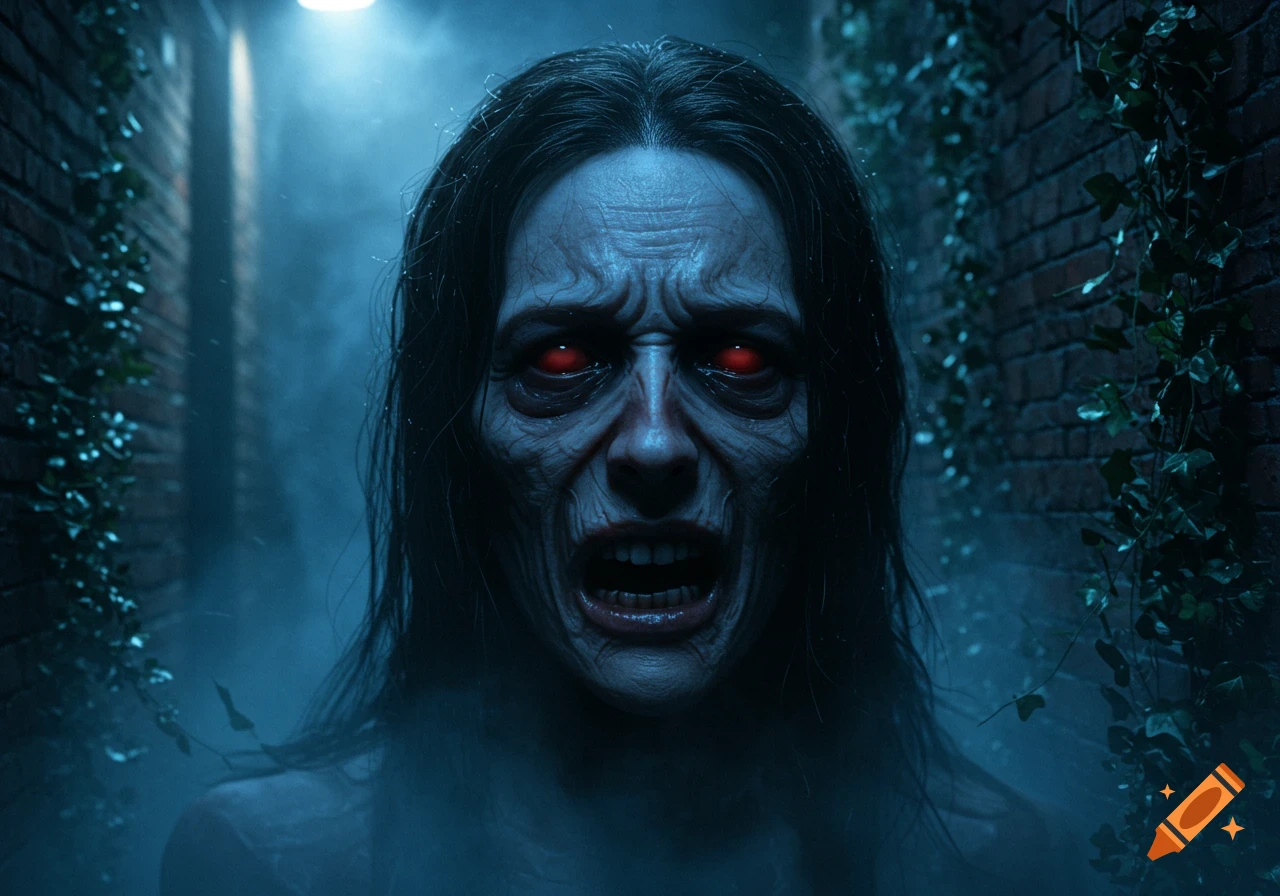 Close-up of a pale, gaunt horror face with glowing red eyes screaming ...