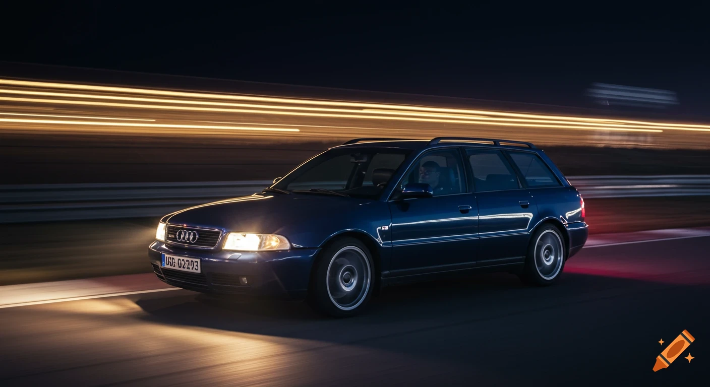 A navy blue 1998 Audi A4 Avant drives fast on a racetrack at night ...