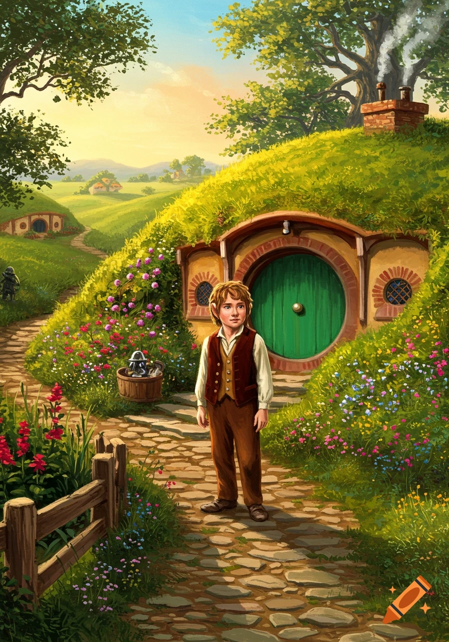 A young hobbit stands on a stone path in front of a green-doored hobbit ...
