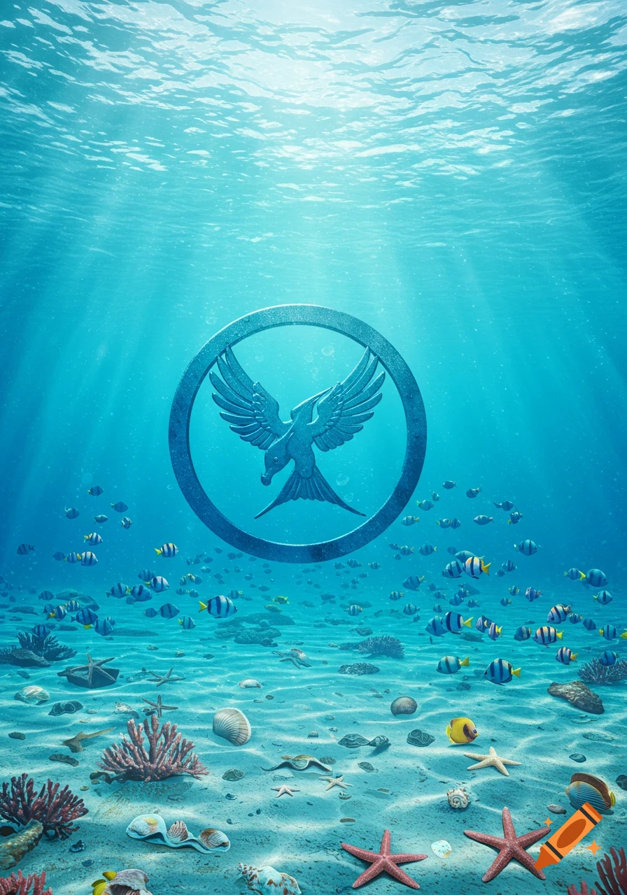 An underwater scene with a blue Hunger Games symbol in a circle ...
