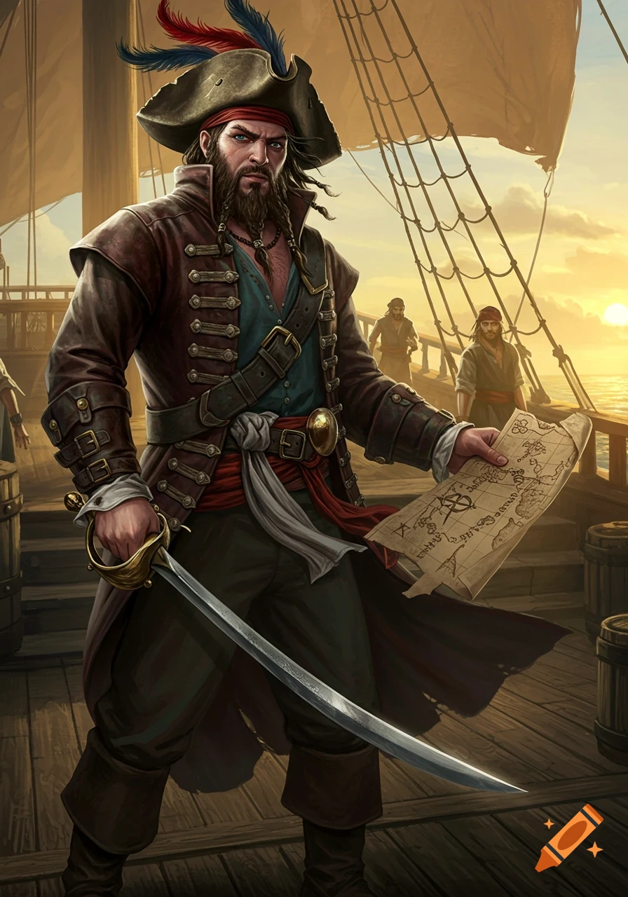 A rugged pirate with a beard and feathered hat holds a sword and a ...